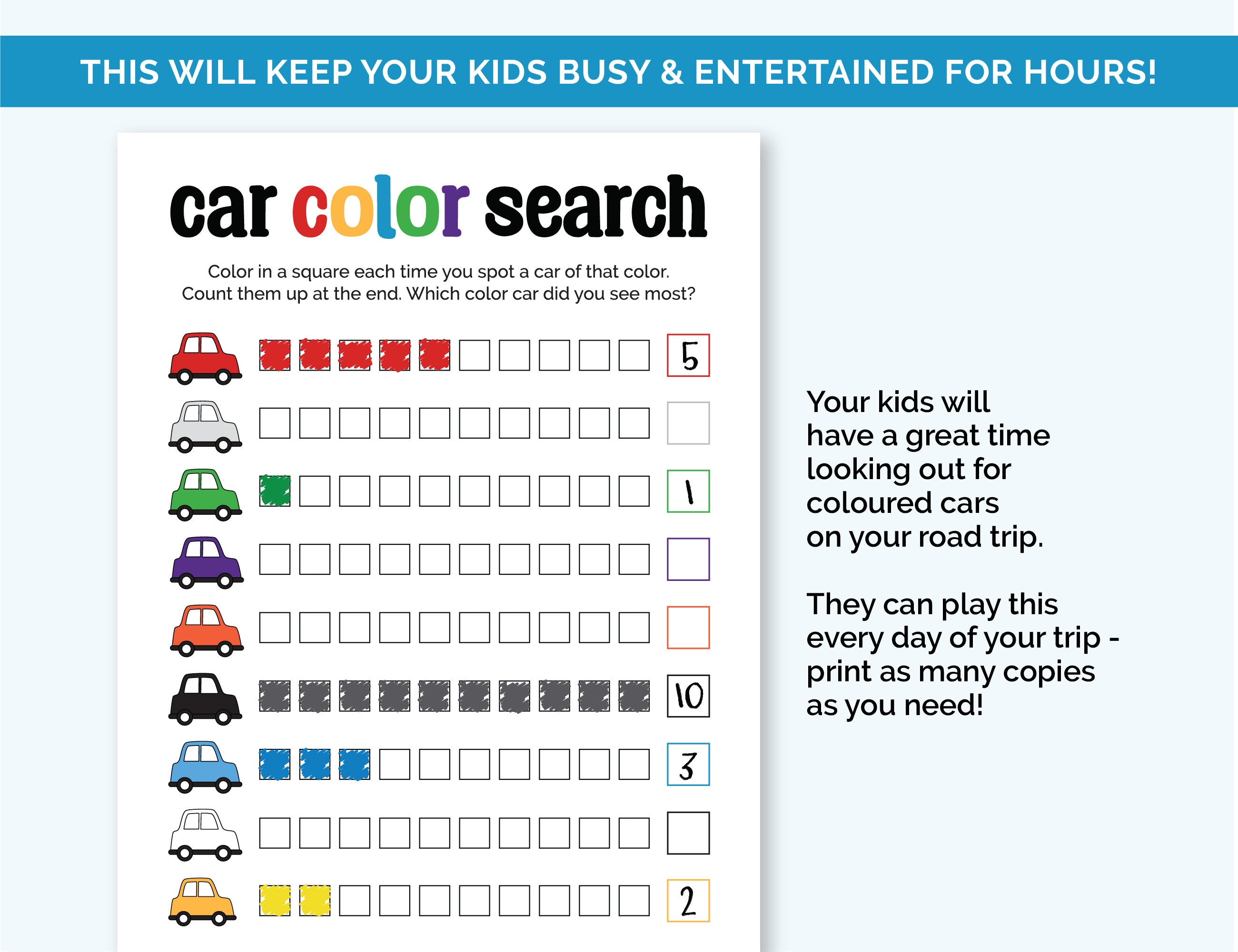 Counting Coloured Cars Printable, Road Trip Game for Kids, Car ...