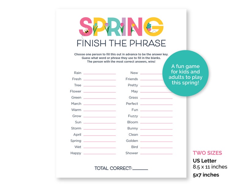 Spring Finish the Phrase, Printable Spring Party Game for Kids & Adults ...