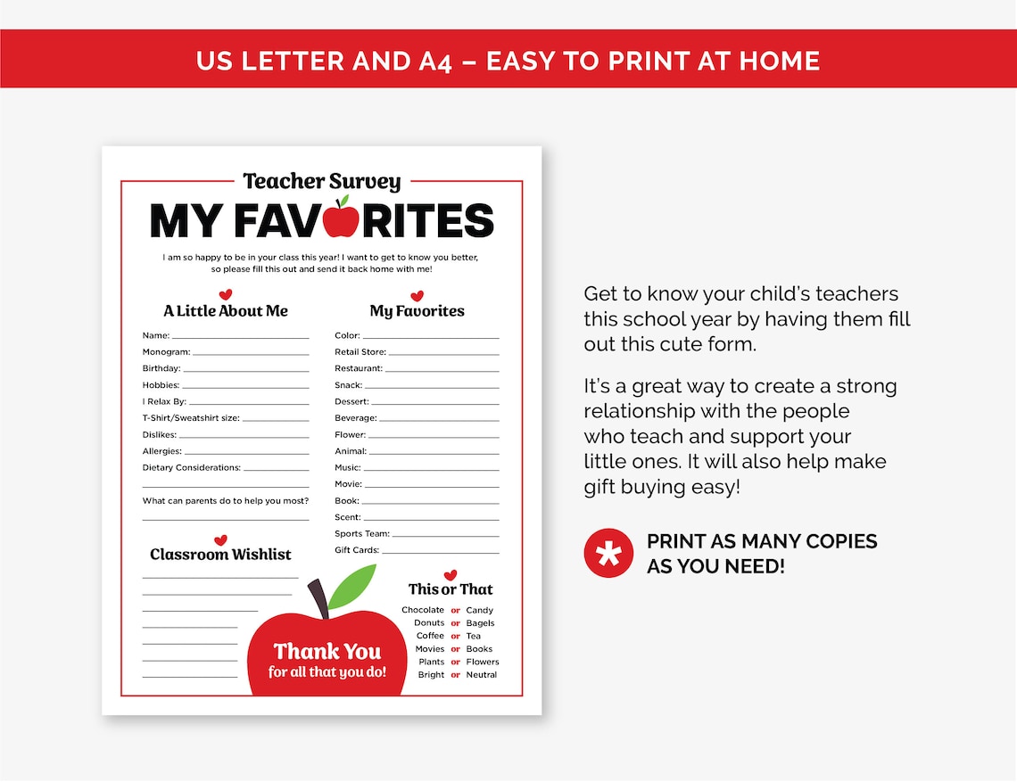 Teacher Favorites Survey, Printable Teacher's Favorite Things ...
