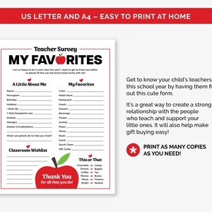 Teacher Favorites Survey, Printable Teacher's Favorite Things ...
