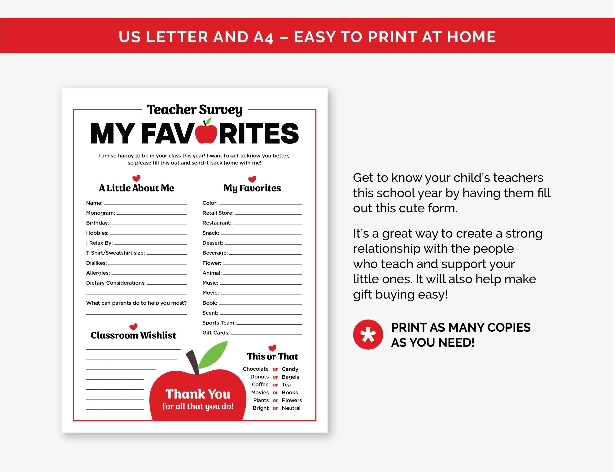 Teacher Favorites Survey, Printable Teacher's Favorite Things ...