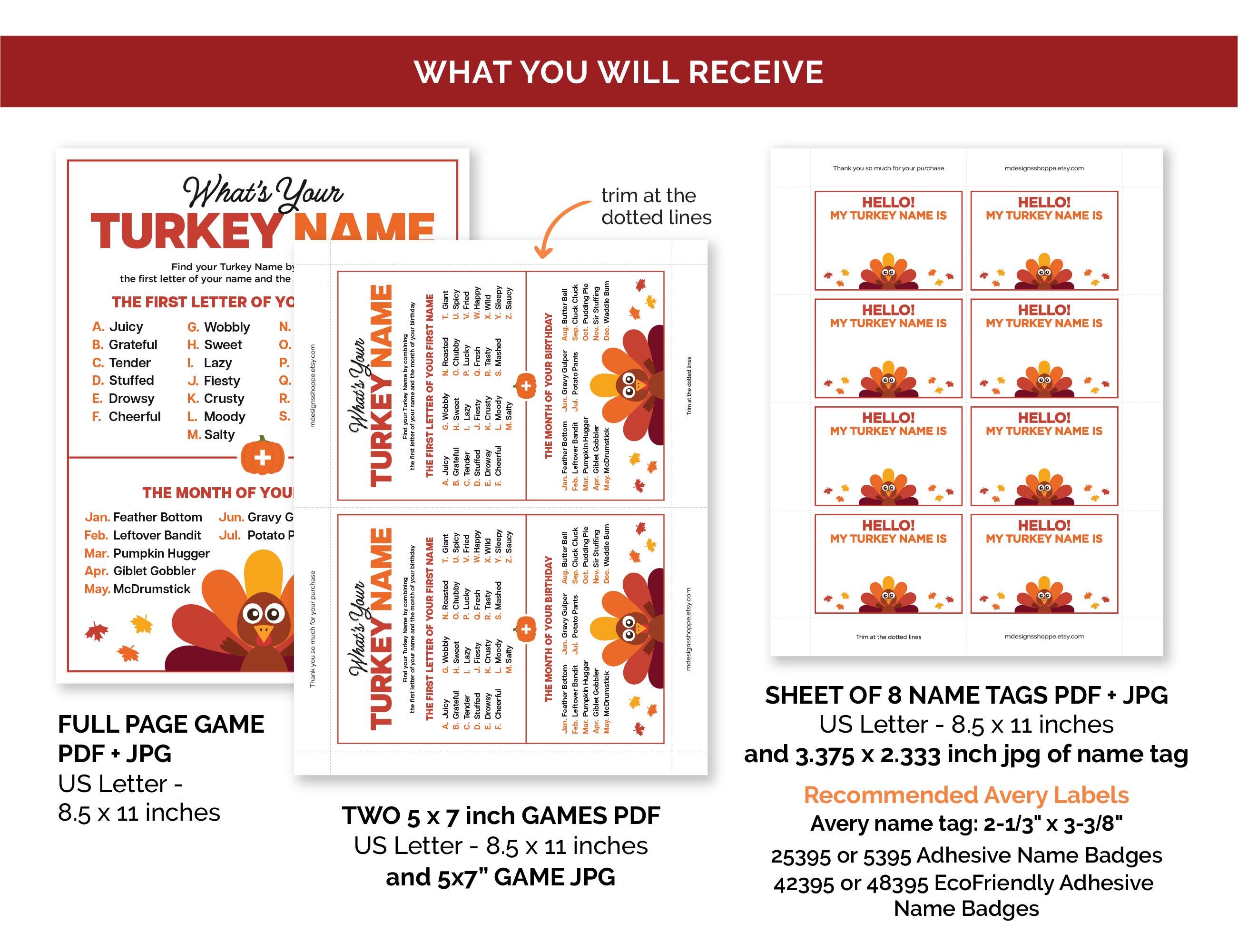 What's Your Turkey Name Game, Printable Thanksgiving Party Game for ...