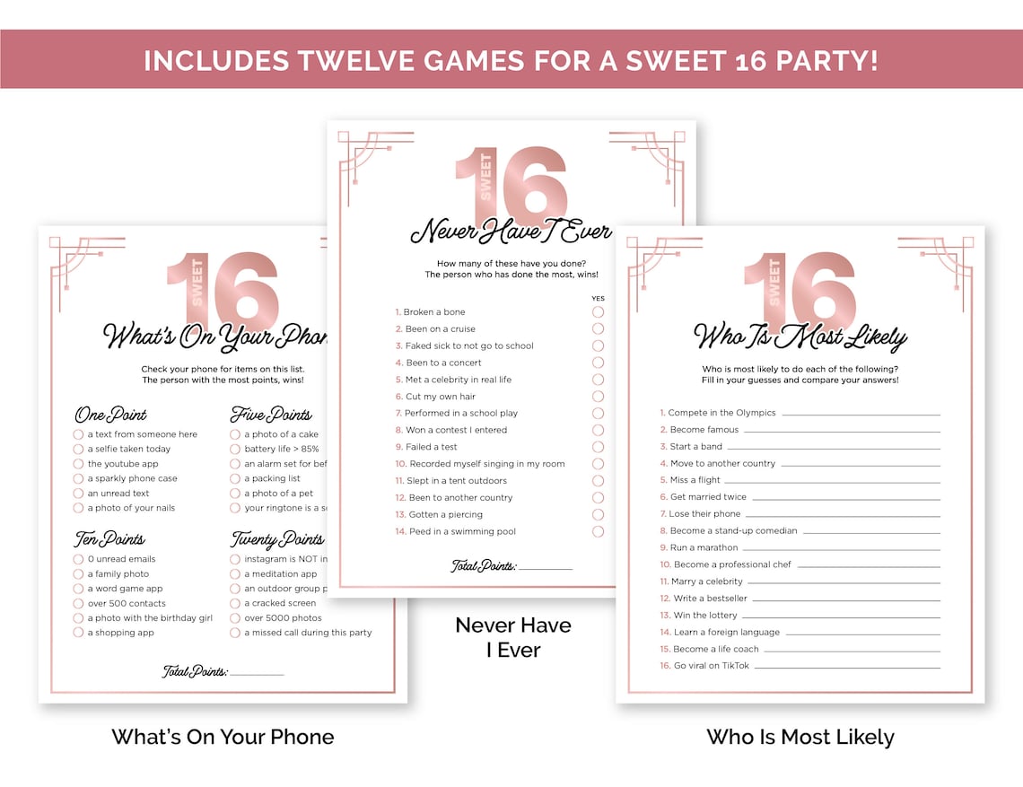 Sweet 16 Party Games, Printable Sweet Sixteen Games Bundle, 16th ...