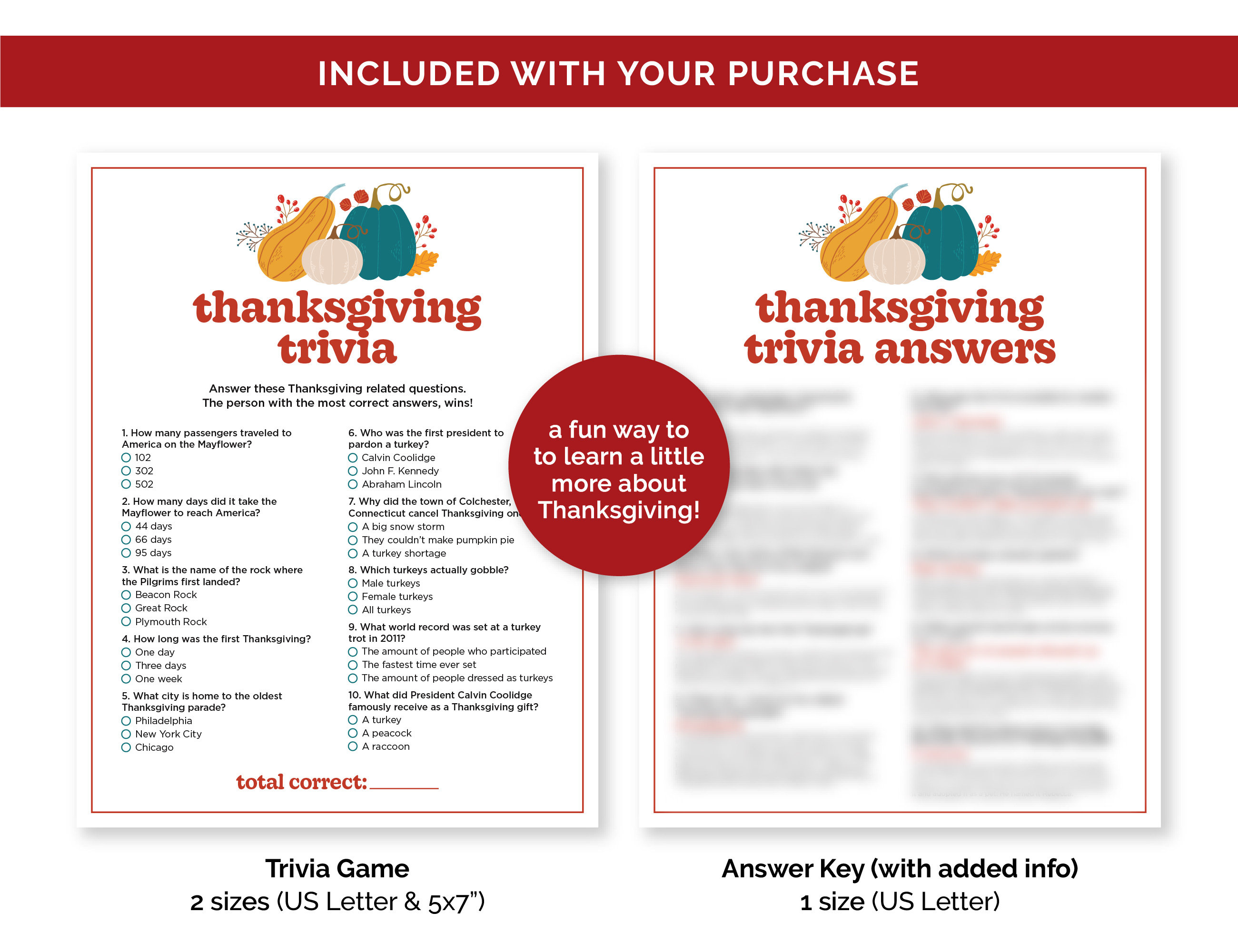 Thanksgiving Trivia Game, Printable Thanksgiving Quiz With Answers ...