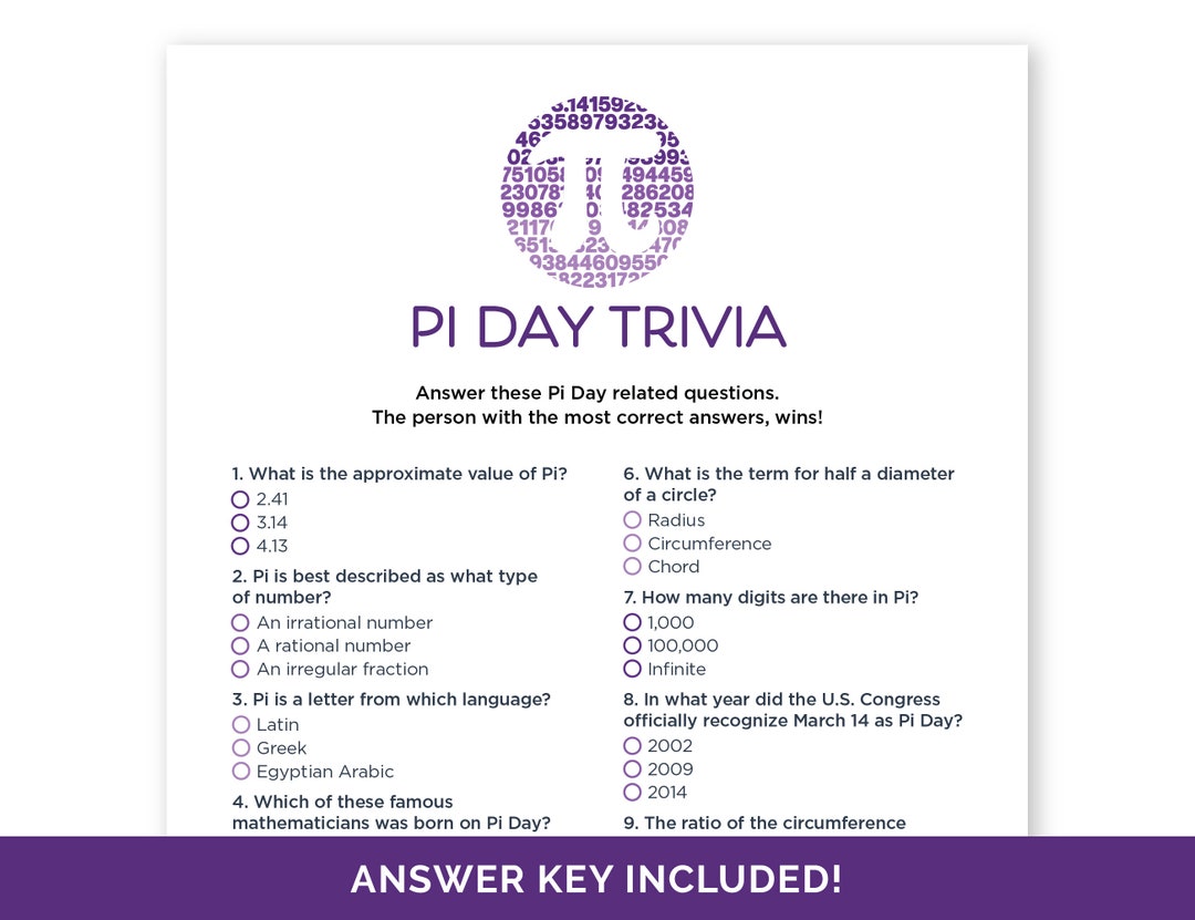 Pi Day Trivia Game, Printable Quiz for a Math Classroom Pi Day Party, Educational Pi Day ...