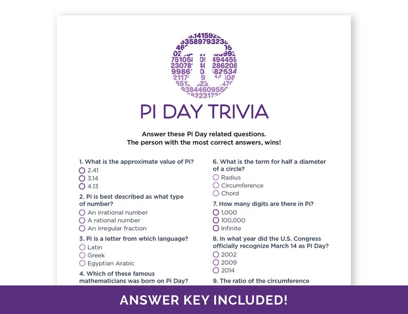 Pi Day Trivia Game, Printable Quiz for a Math Classroom Pi Day Party ...