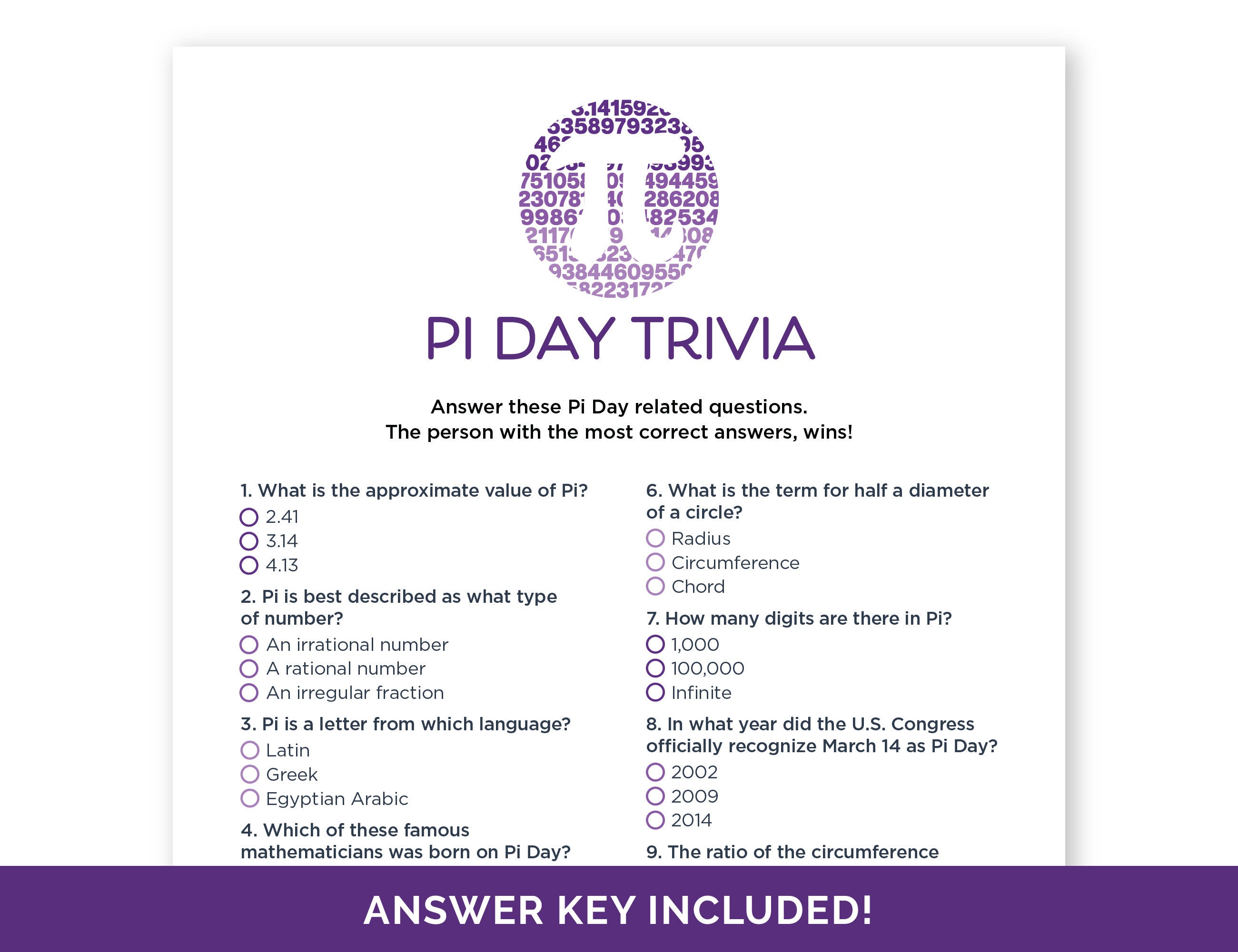 Pi Day Trivia Game, Printable Quiz for a Math Classroom Pi Day Party, Educational Pi Day ...