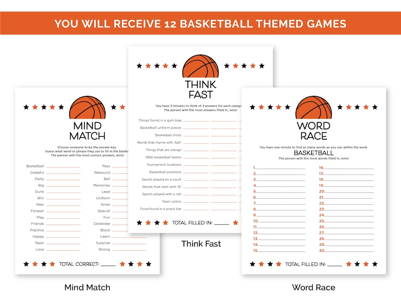 Basketball Games, Printable Games Bundle for a Basketball Team Party ...