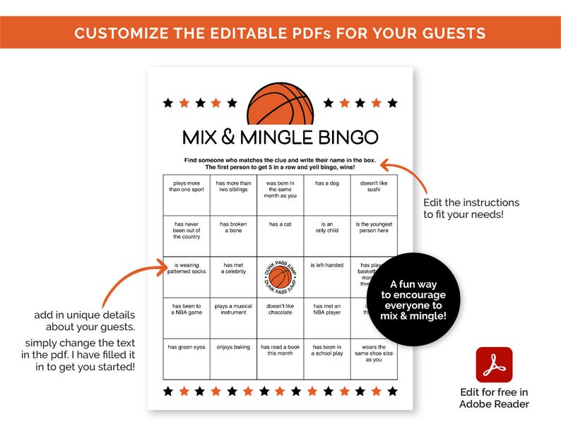 Editable Basketball Mix & Mingle Bingo, Basketball Team Building Game ...