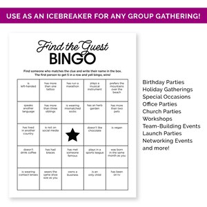 Editable Find the Guest Bingo, Icebreaker Game for Parties, Find ...