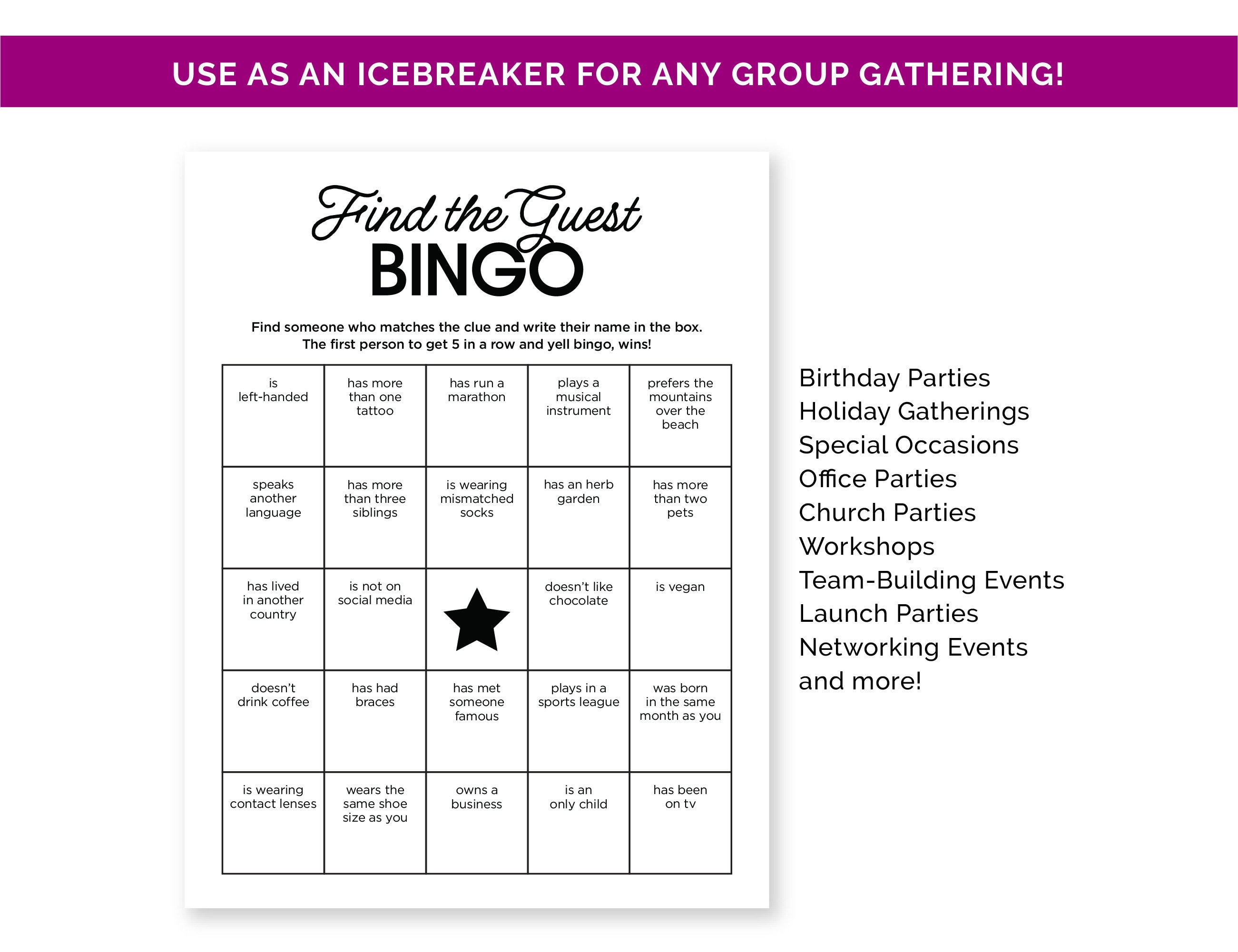 Editable Find the Guest Bingo, Icebreaker Game for Parties, Find ...
