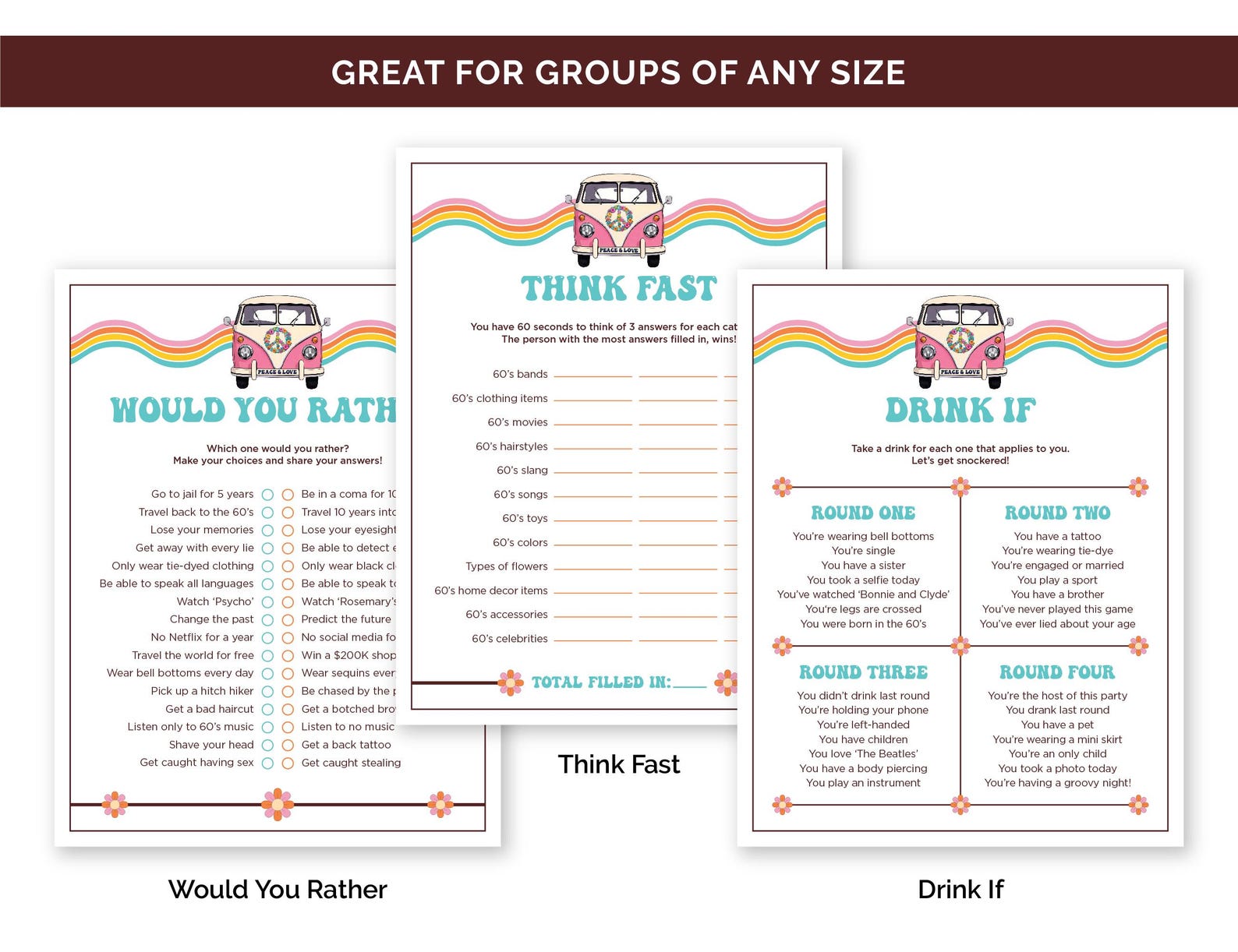 60s Party Games, Printable Games Bundle for a 60s Theme Party, Back to ...