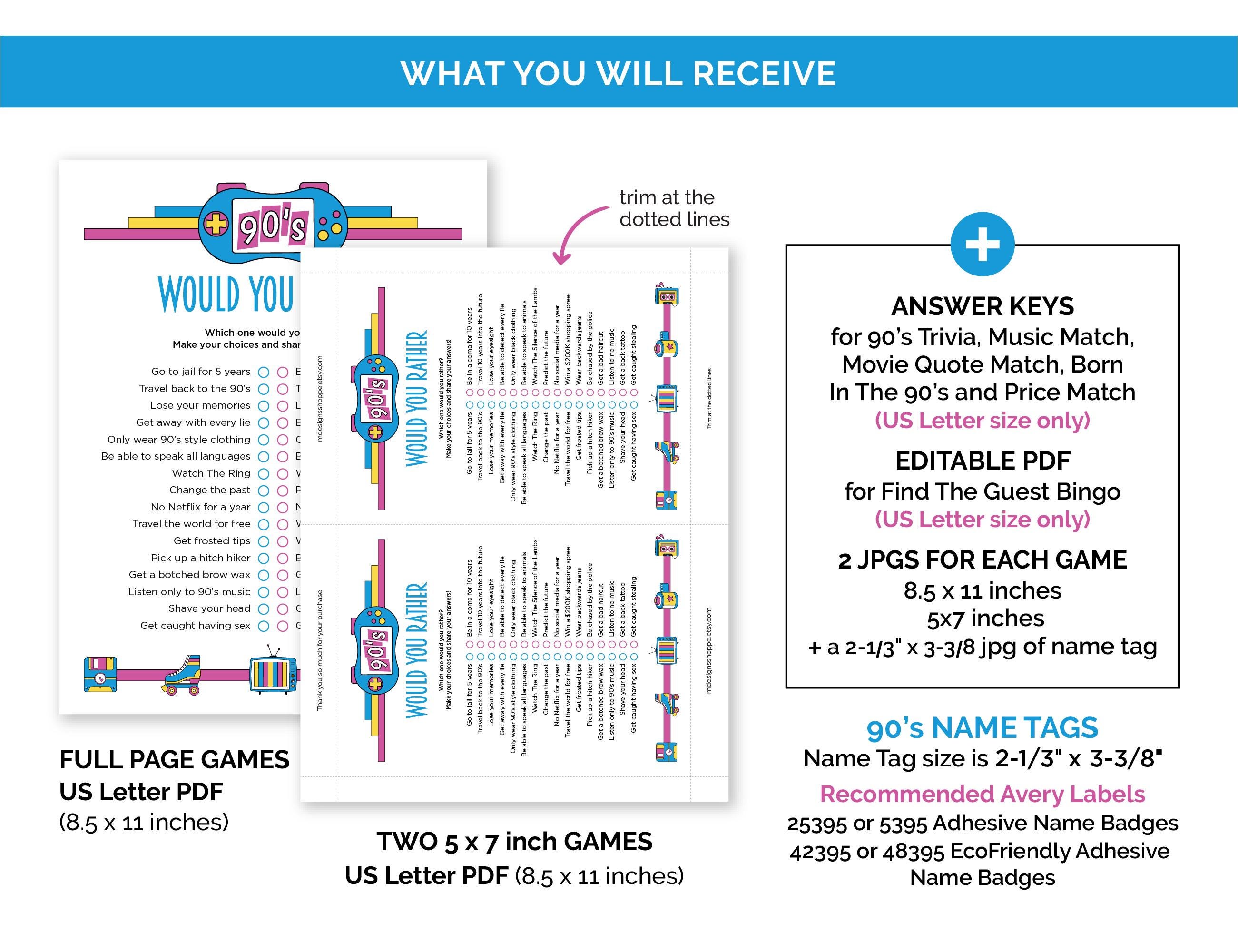90s Party Games, Printable Game Bundle for a 90s Theme Party, Games for ...
