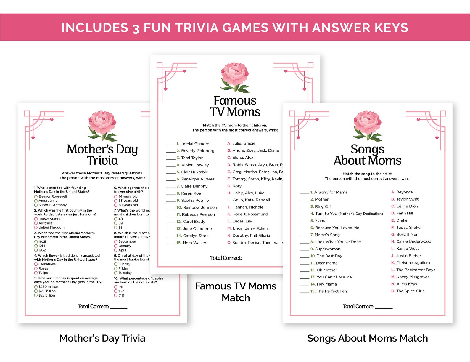 Mother's Day Trivia Games Bundle, Printable Mothers Day Trivia, Famous ...