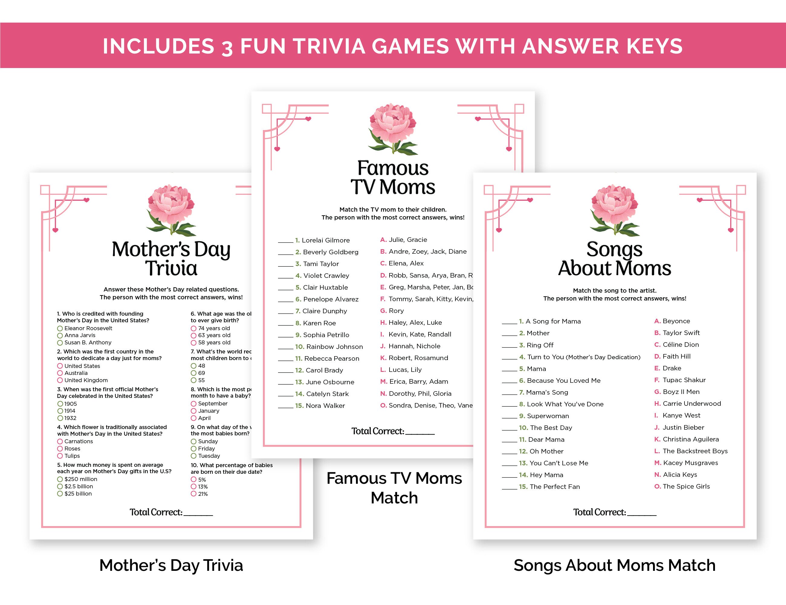 Mother's Day Trivia Games Bundle, Printable Mothers Day Trivia, Famous ...
