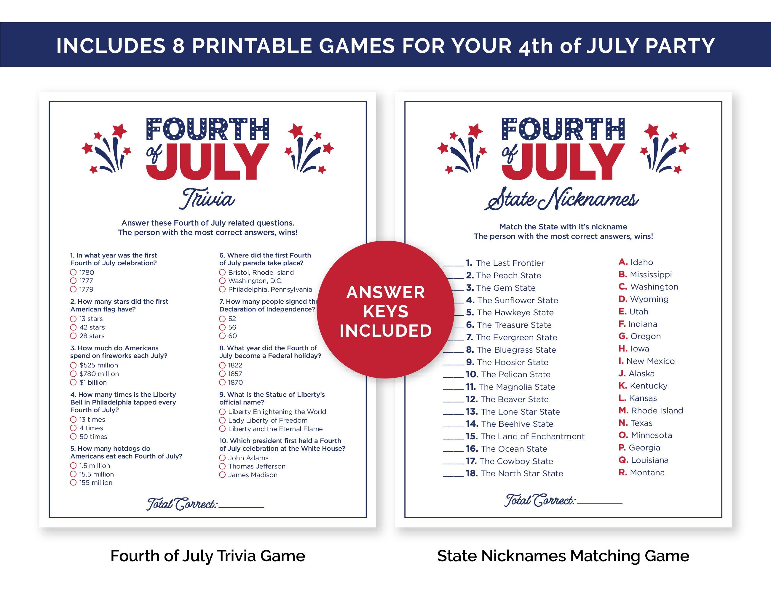 Fourth of July Games Bundle, Printable Games for a 4th of July BBQ or ...