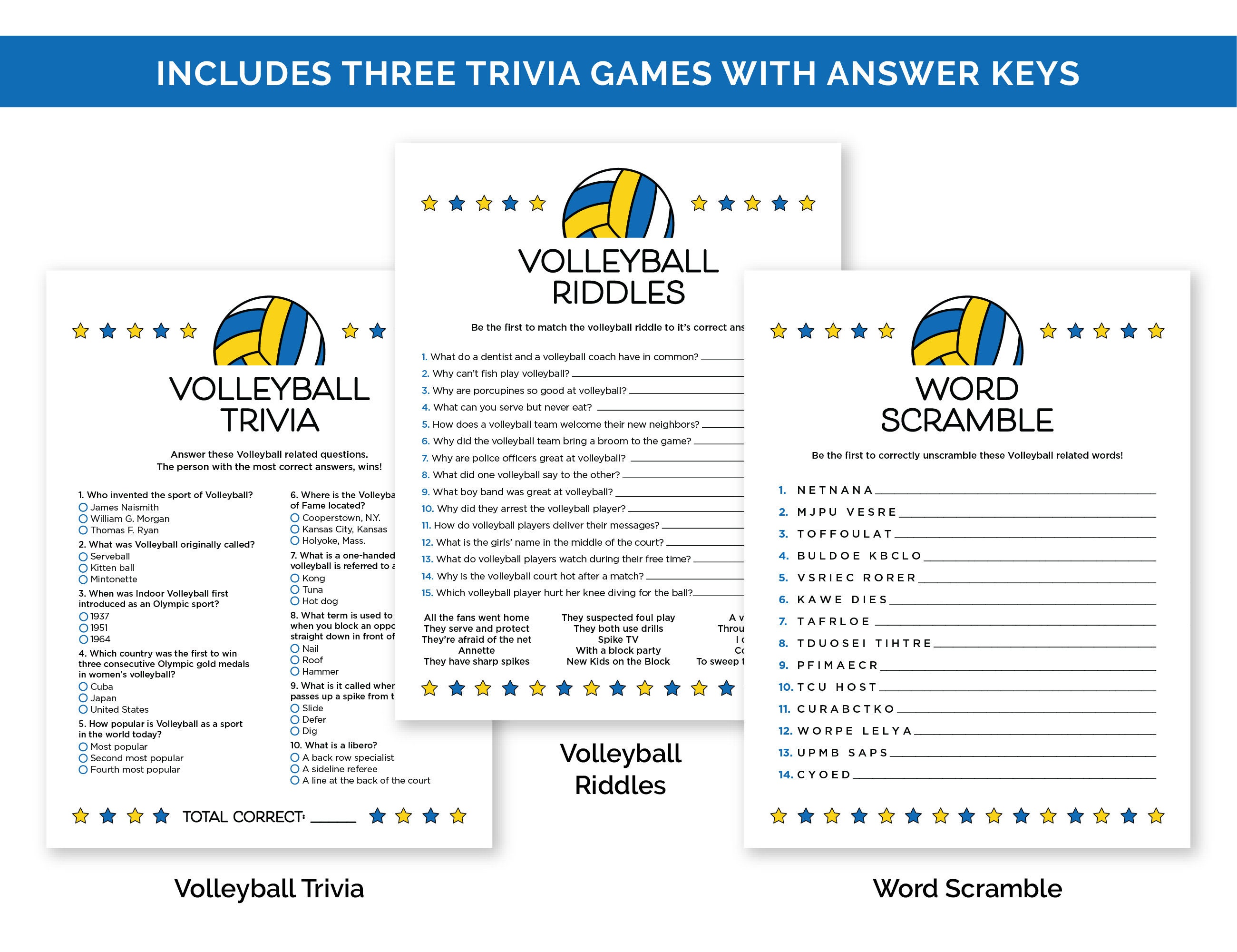 Volleyball Games, Printable Games Bundle for a Volleyball Team Party ...