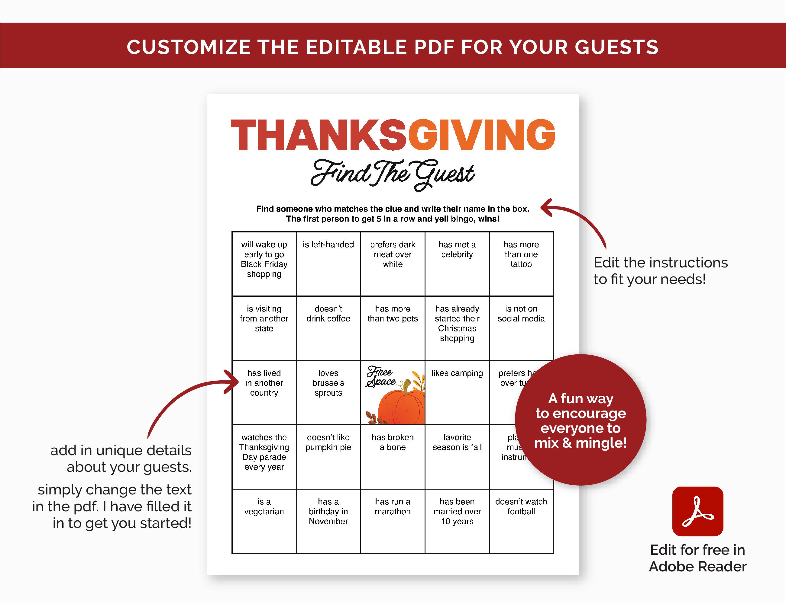 Editable Thanksgiving Find the Guest Bingo Game, Thanksgiving Party Mix ...