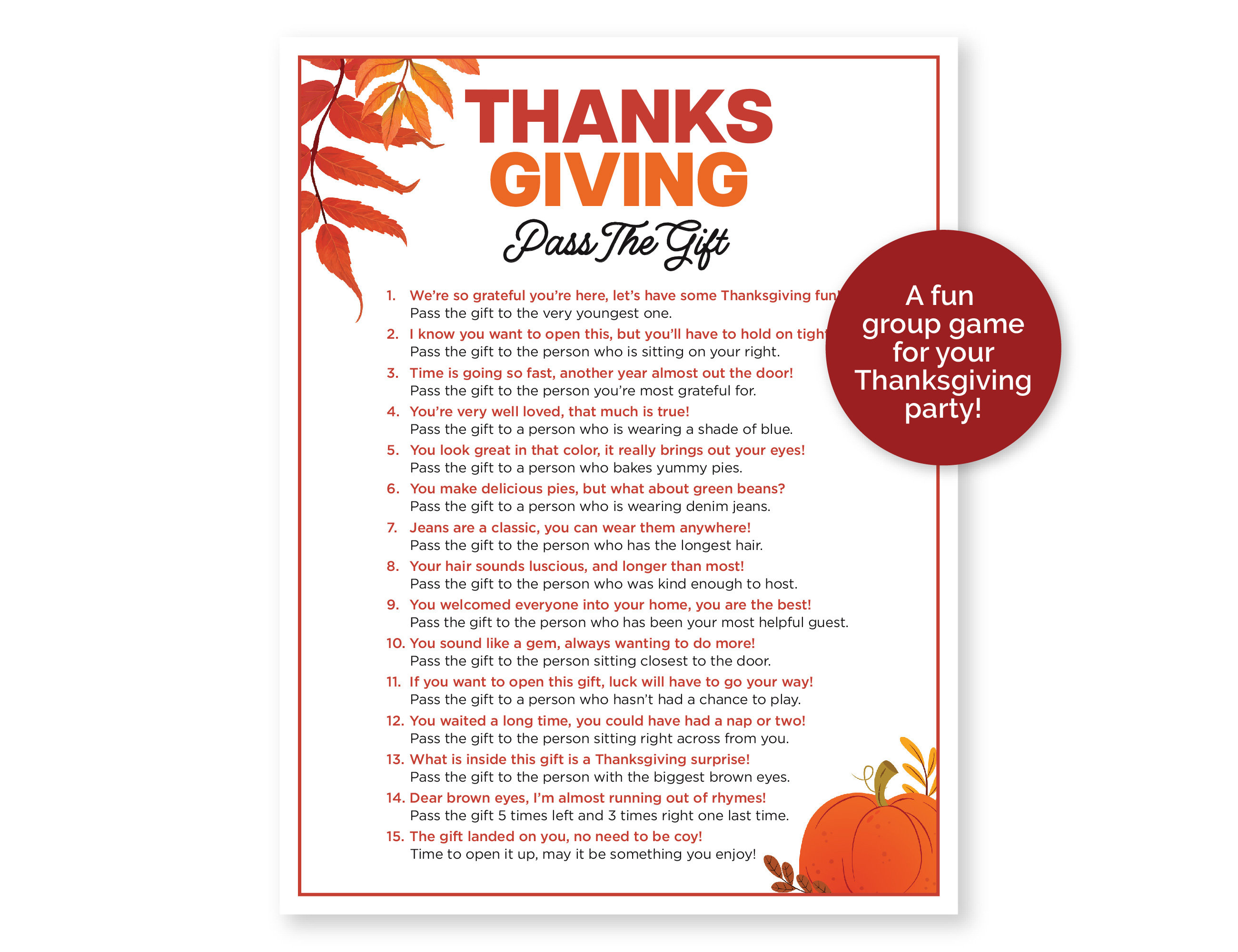 Thanksgiving Pass the Gift Game, Printable Pass the Present ...