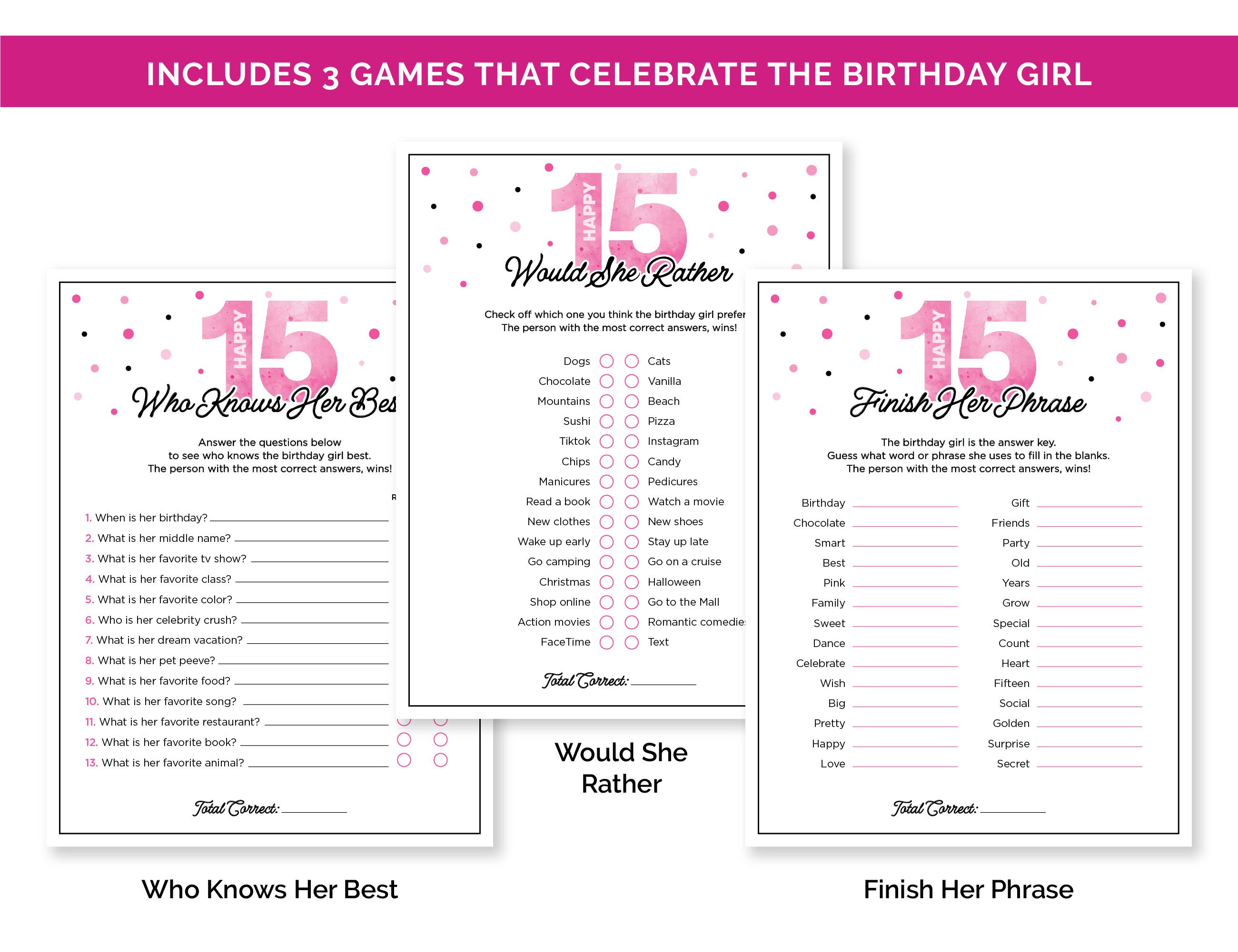 15th Birthday Party Games, Printable Game Bundle for a 15-year-old Girl ...