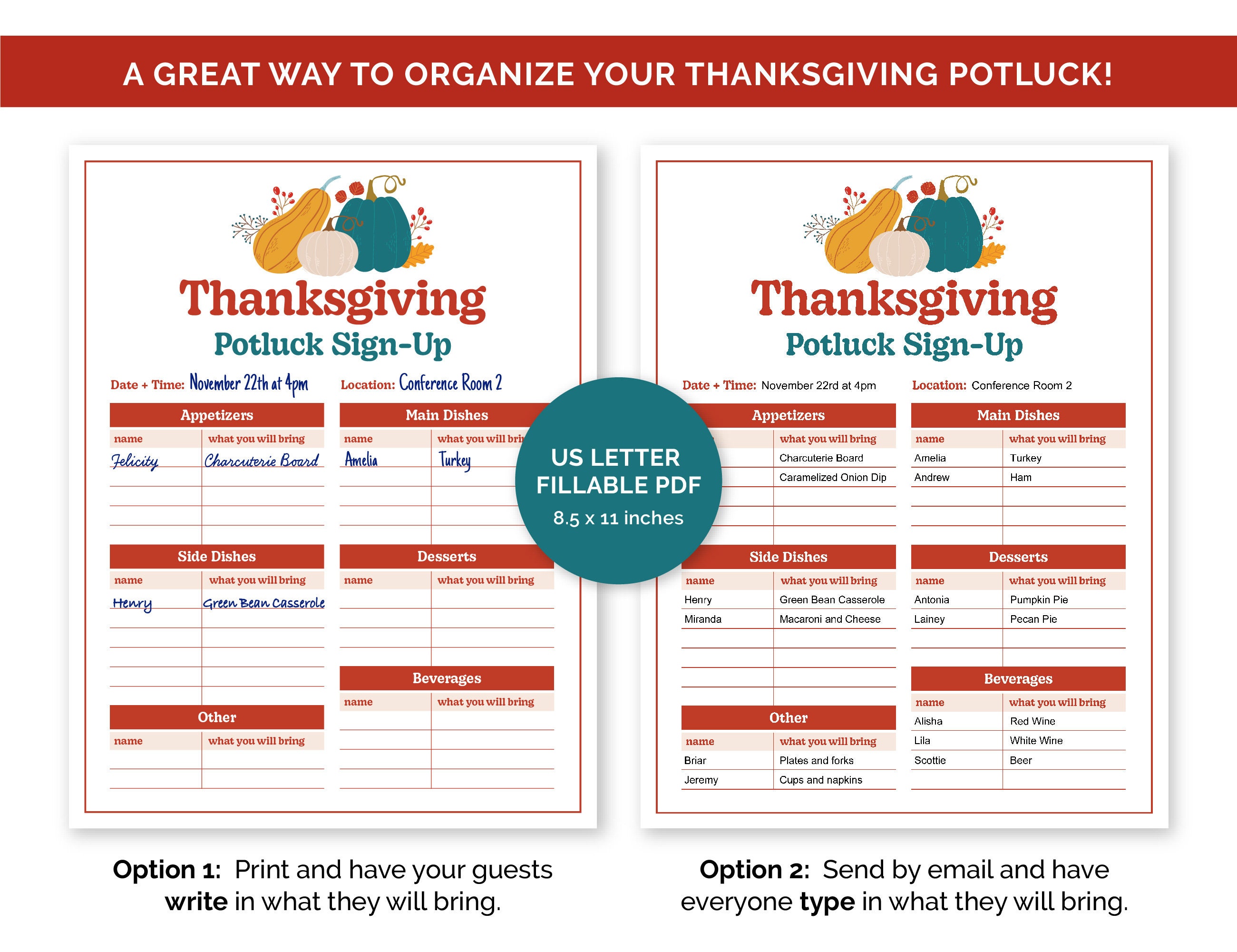 Thanksgiving Potluck Sign-up Sheet, Food Signup Fillable PDF for a ...