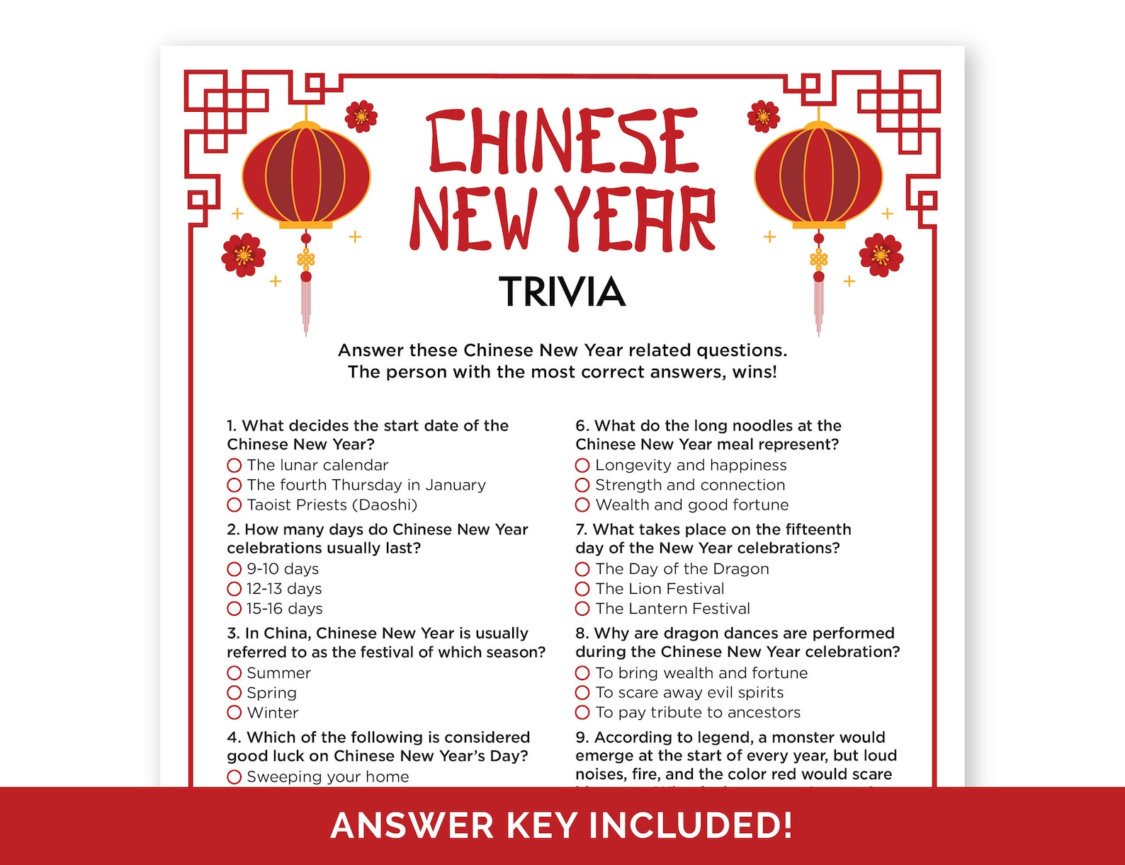 Chinese New Year Trivia Game, Printable Quiz for a Family or Classroom ...