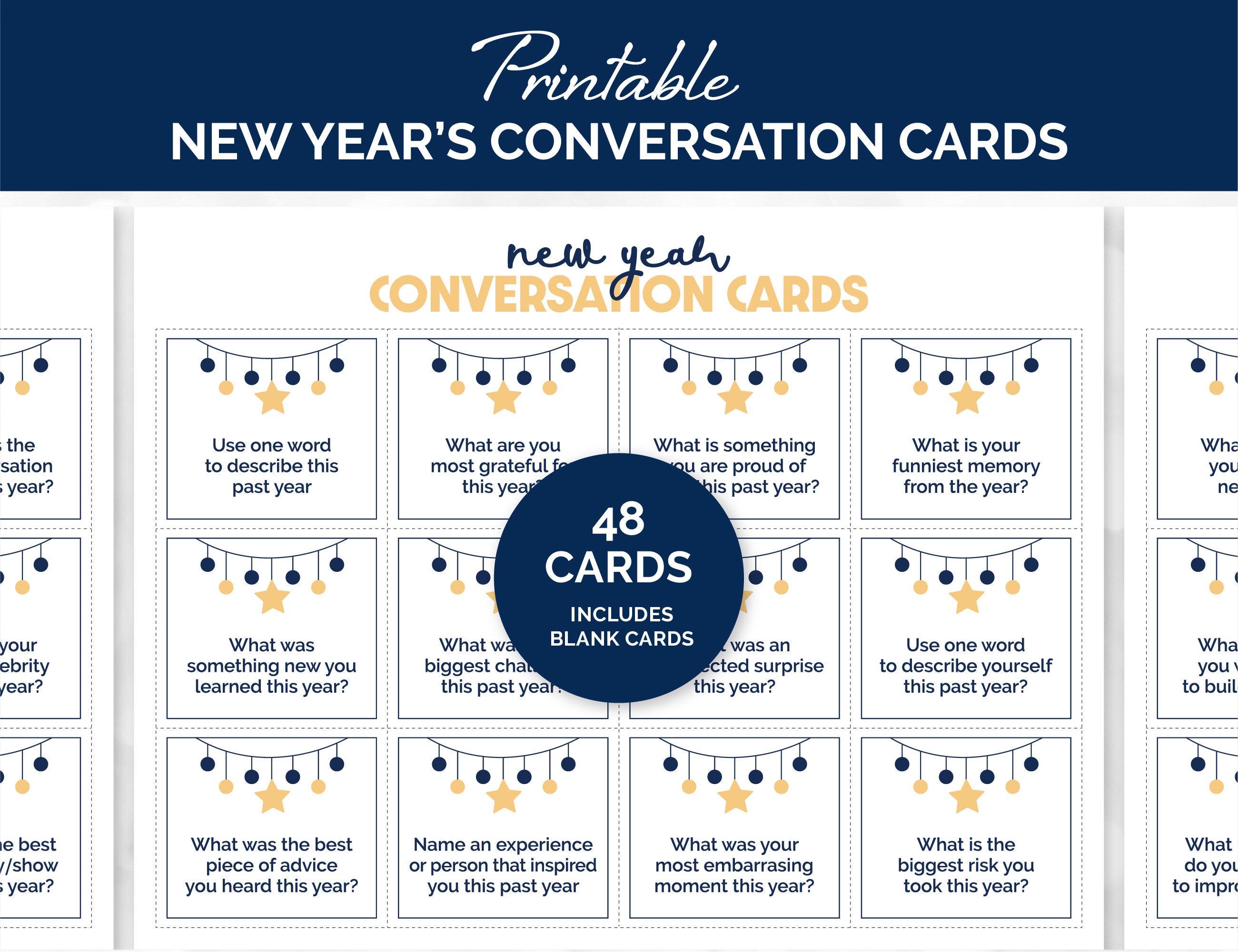 New Year Conversation Cards, 48 Printable Reflection Cards for Adults ...