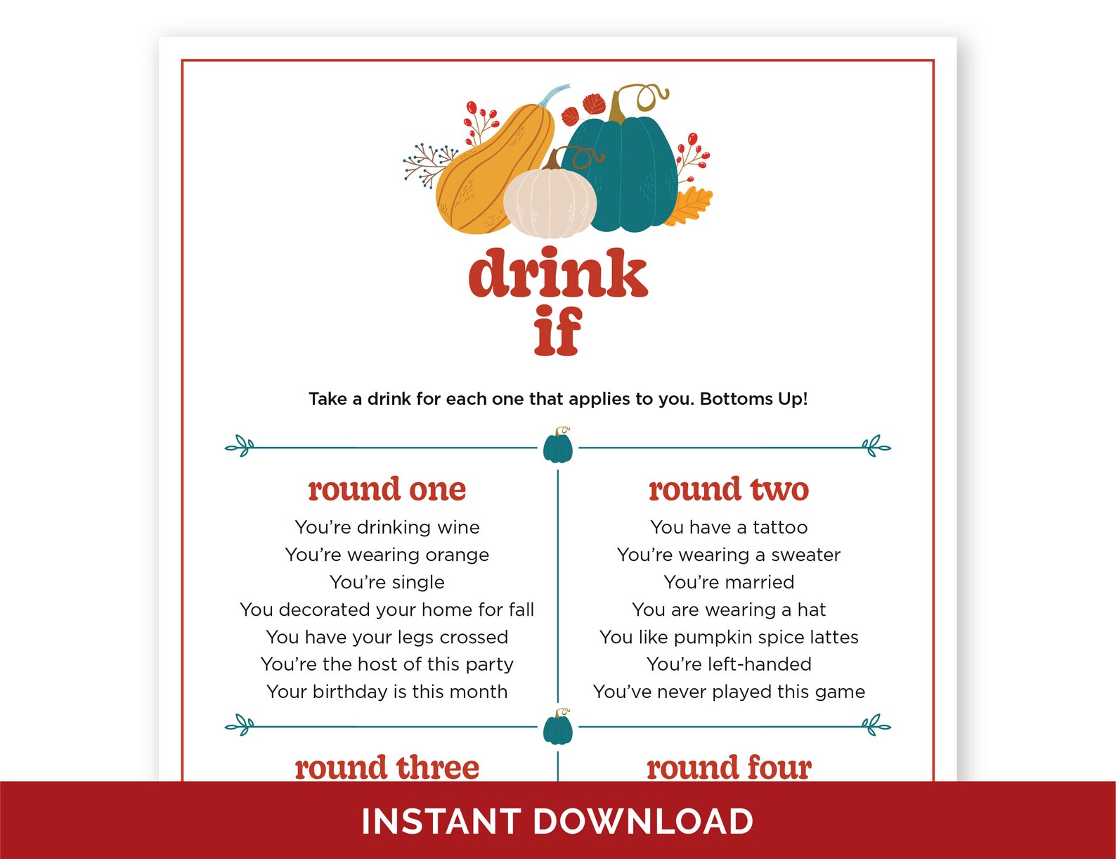 Thanksgiving Drink If Game, Printable Drinking Game for a Thanksgiving ...