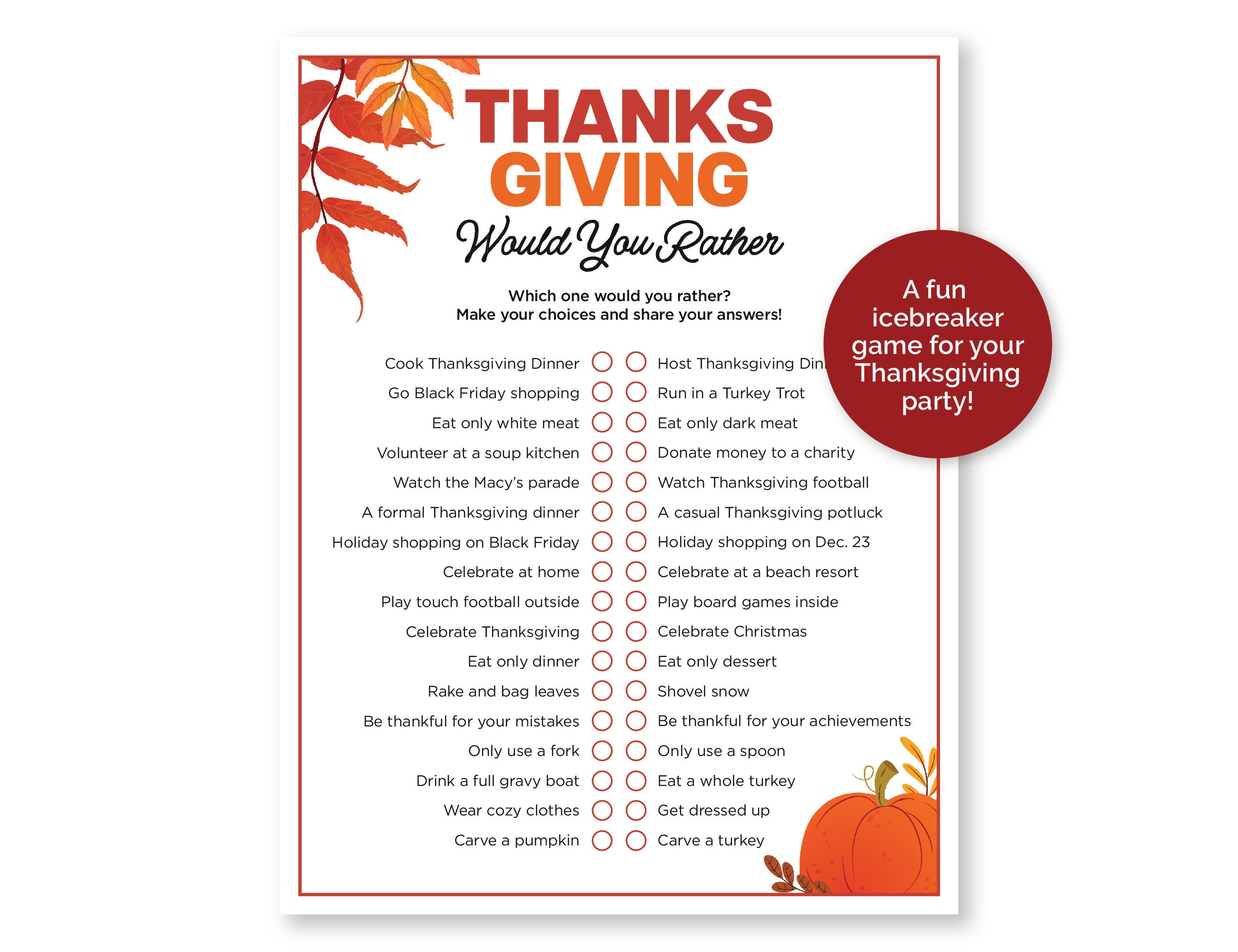 Thanksgiving Would You Rather, Printable Thanksgiving Dinner ...