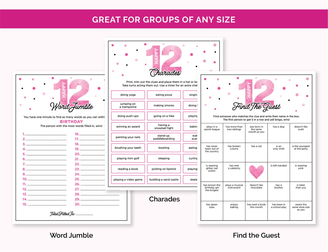 12th Birthday Party Games, Printable Birthday Game Bundle With Birthday ...