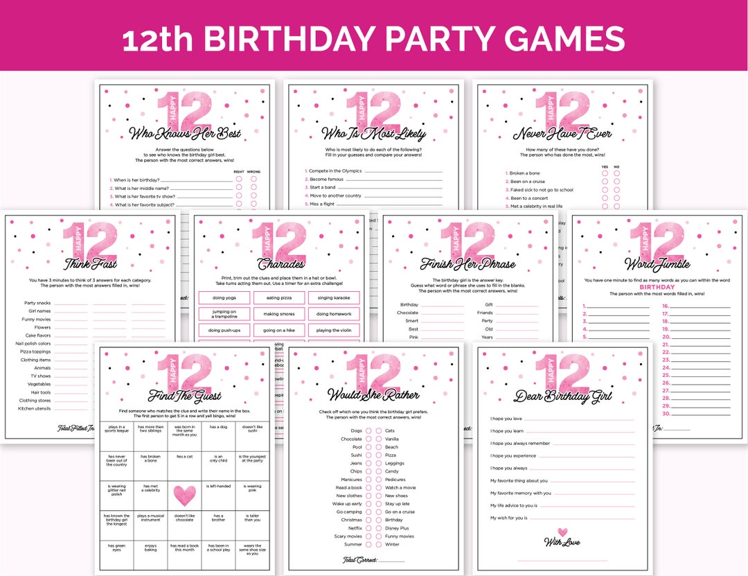 12th Birthday Party Games, Printable Birthday Game Bundle With Birthday ...