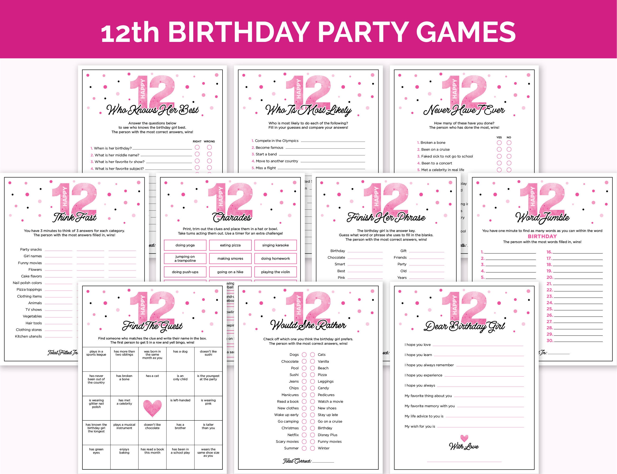 12th Birthday Party Games, Printable Birthday Game Bundle With Birthday ...