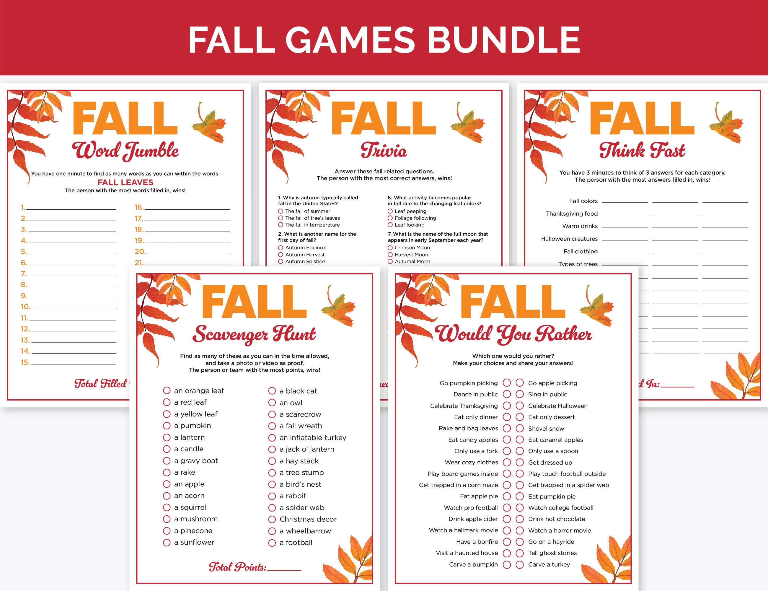 Fall Games Bundle, Printable Autumn Games for Kids, Teens, and Adults ...