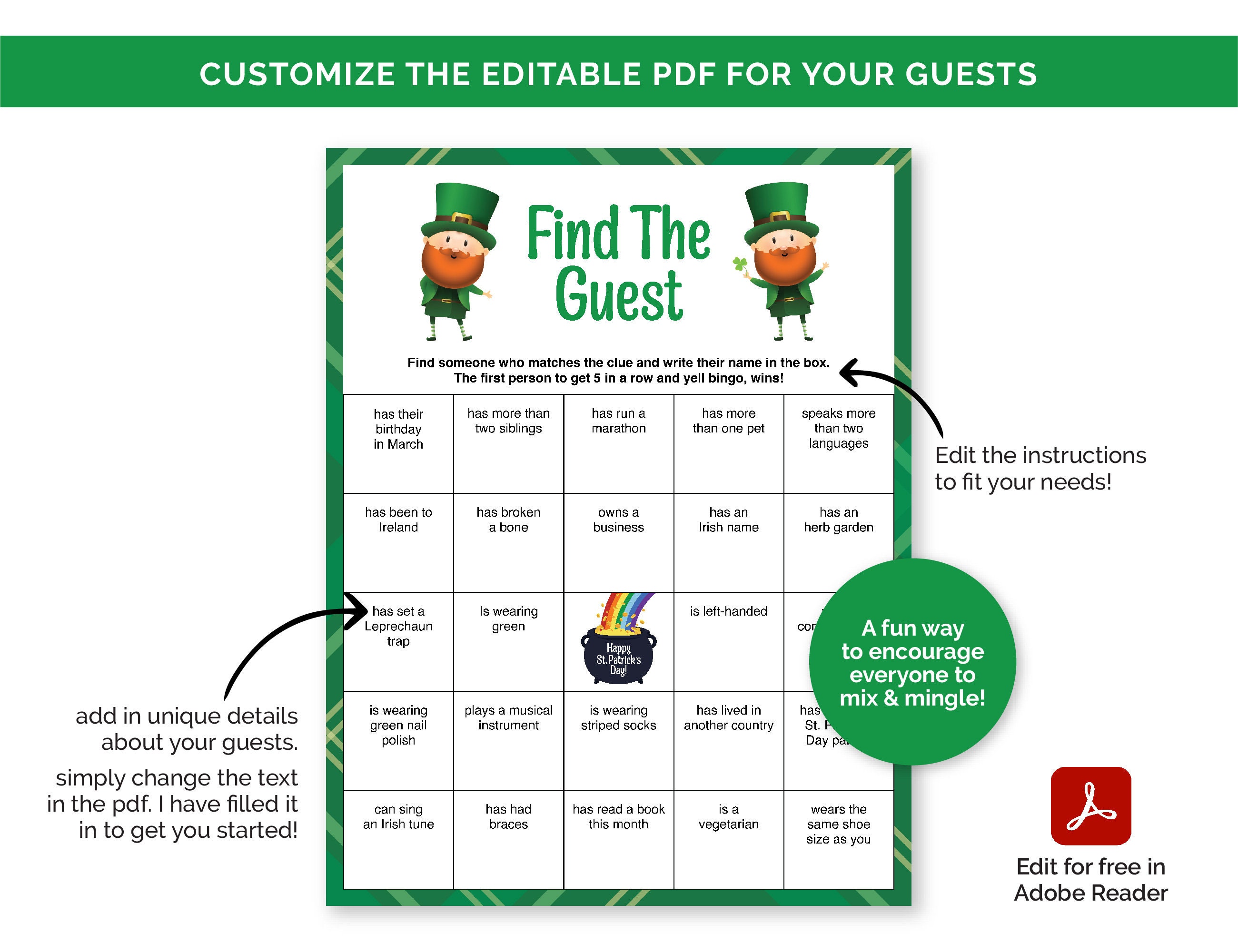Editable St. Patricks Day Find the Guest Bingo, St. Paddys Day Party ...