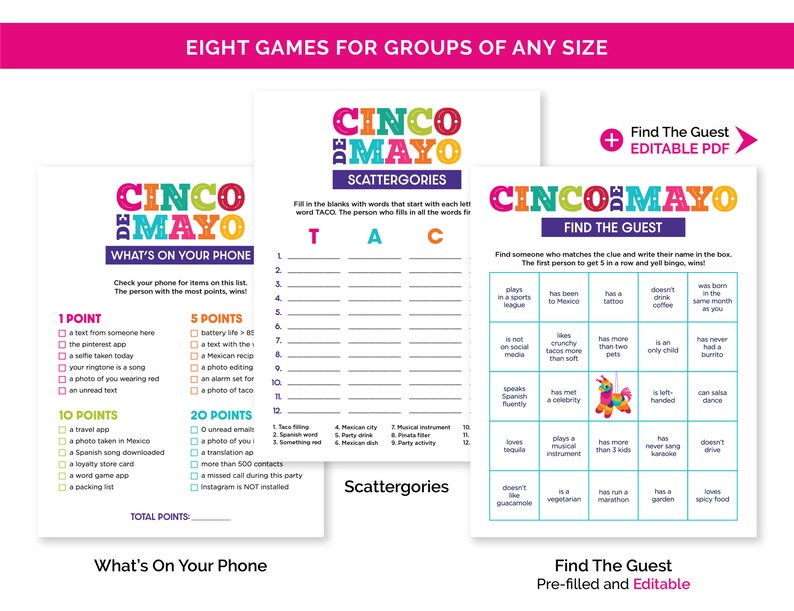 Cinco De Mayo Games, Printable Game Bundle for a Cinco De Mayo Party ...