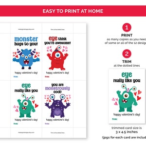 Monster Valentines for Kids, Printable Daycare & Preschool Valentine's ...
