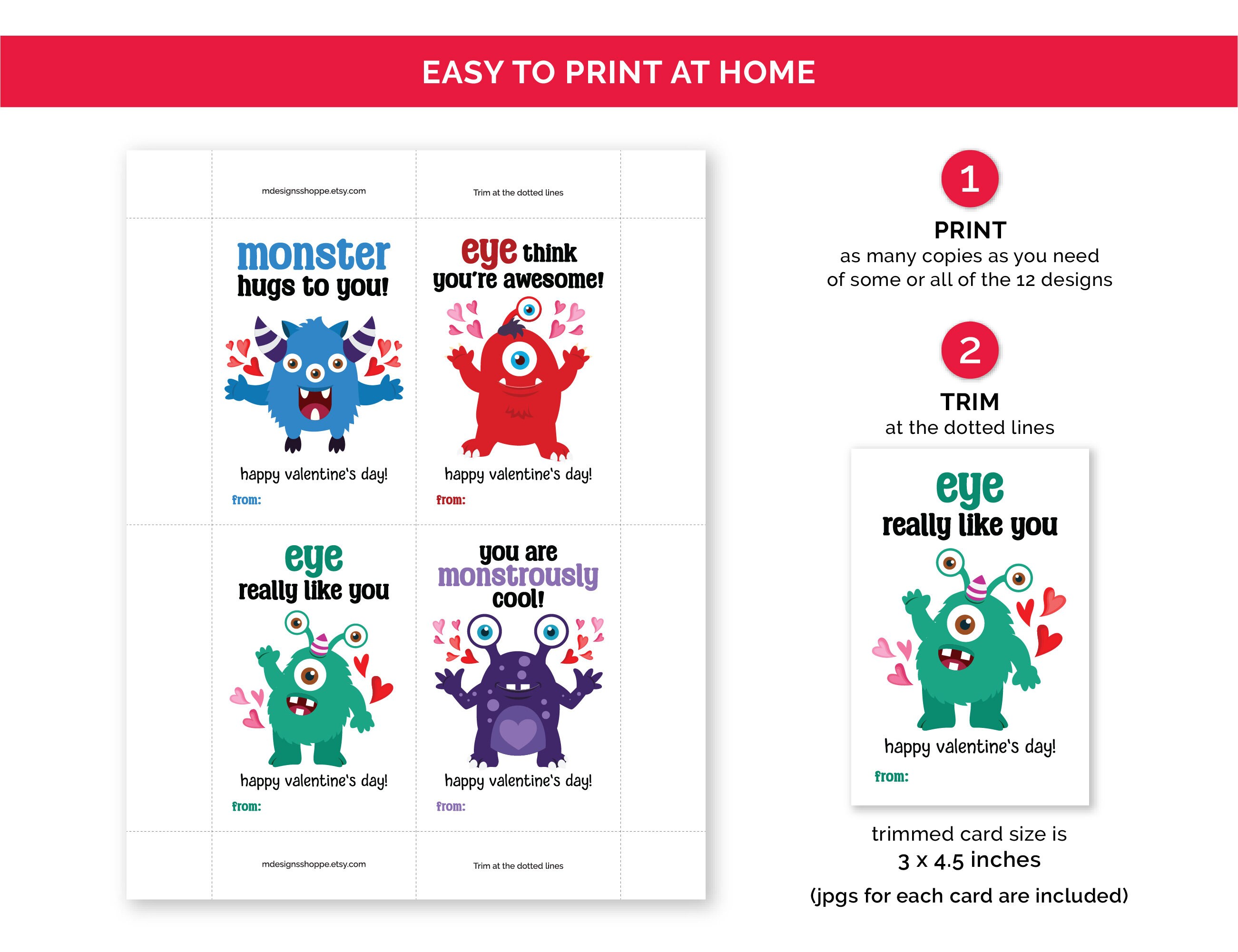 Monster Valentines for Kids, Printable Daycare & Preschool Valentine's ...