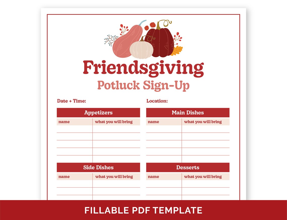 Friendsgiving Potluck Sign-up Sheet, Food Sign-up Fillable PDF Template ...