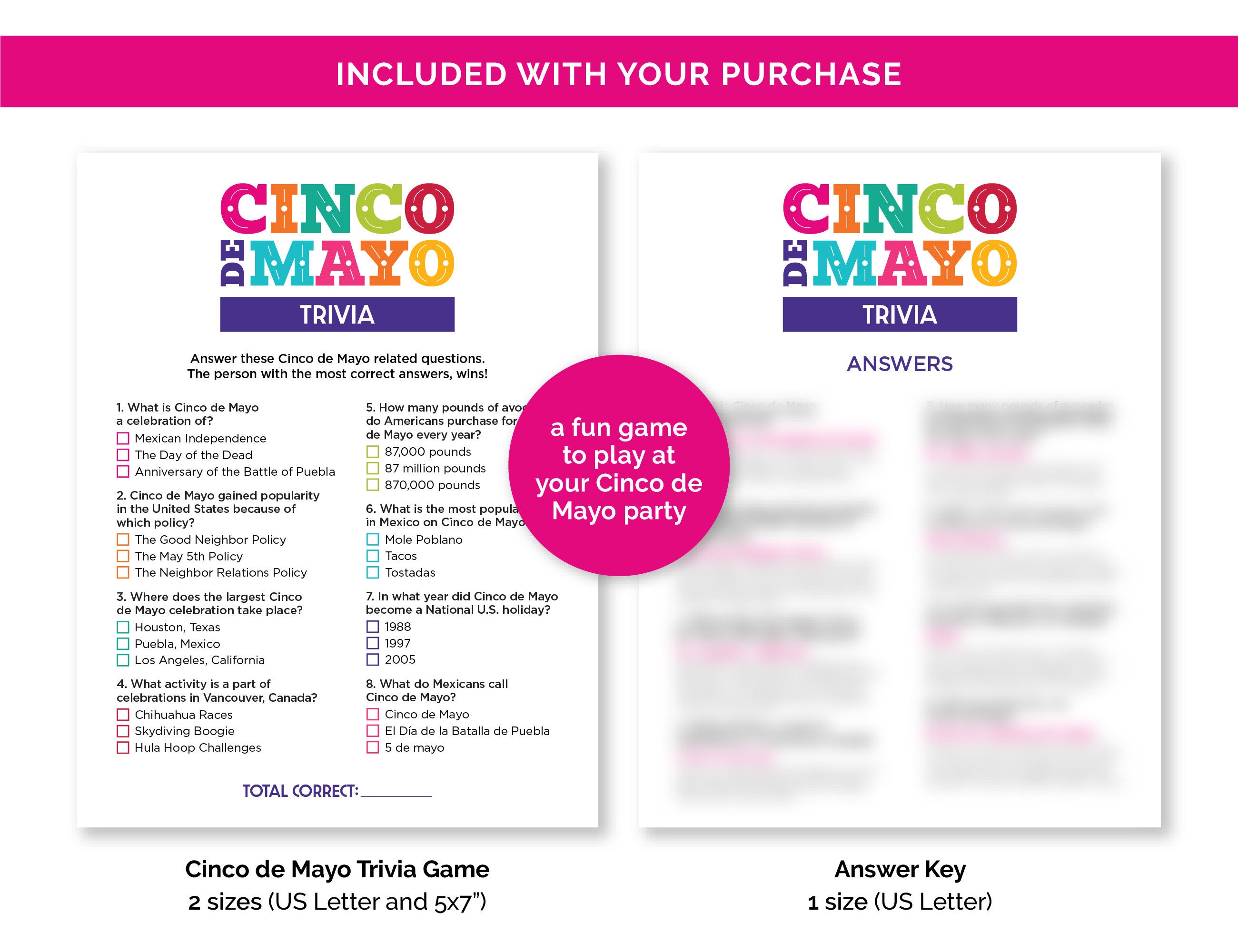 Cinco De Mayo Trivia Game, Printable Quiz With Answers for a Mexican ...