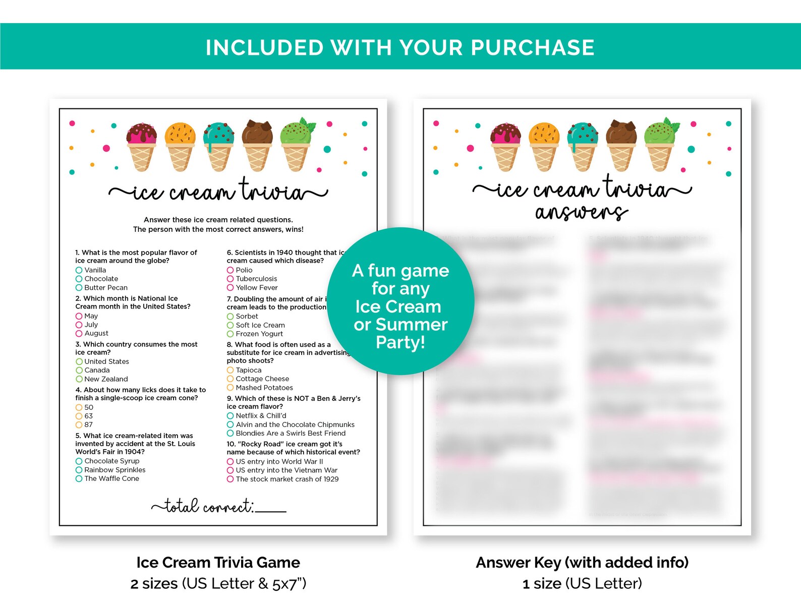 Ice Cream Trivia Game, Printable Quiz With Answers for an Ice Cream ...