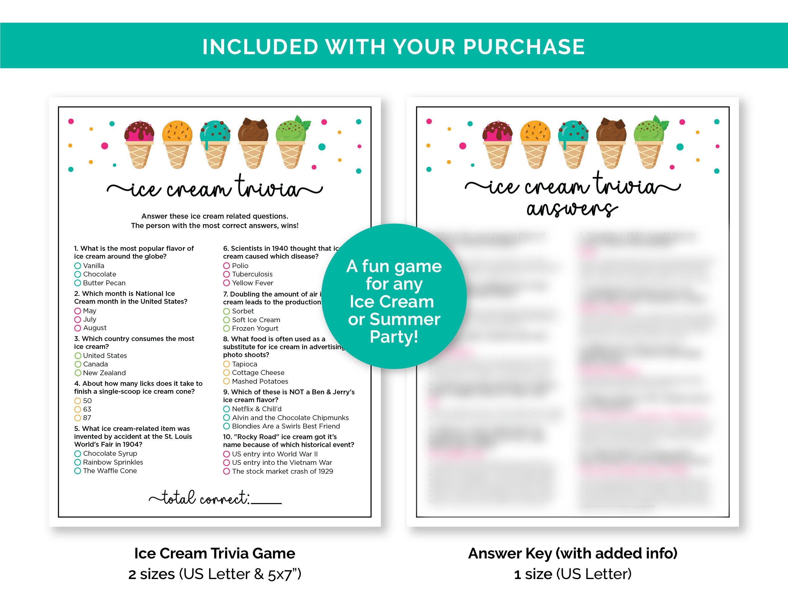 Ice Cream Trivia Game, Printable Quiz With Answers for an Ice Cream ...