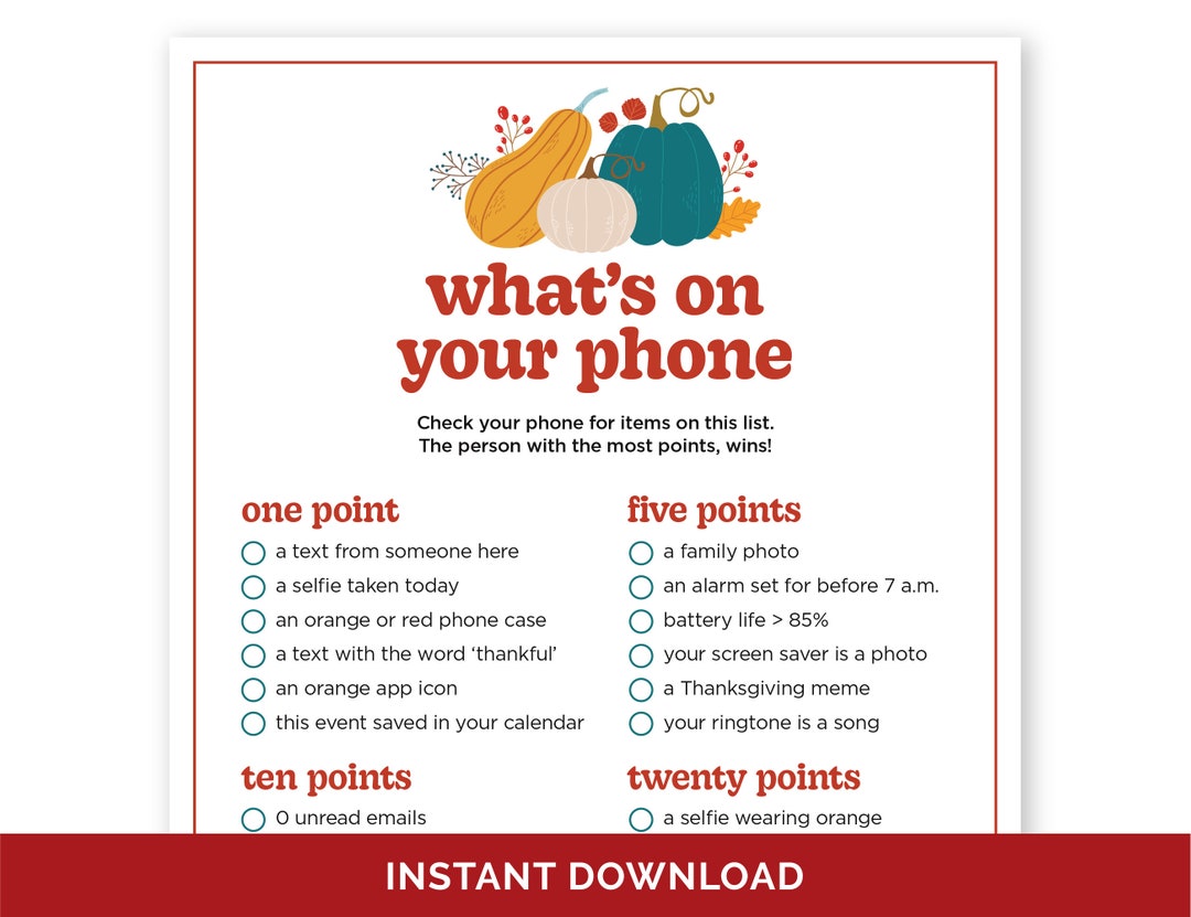 Thanksgiving What's on Your Phone Game, Printable Thanksgiving Phone ...