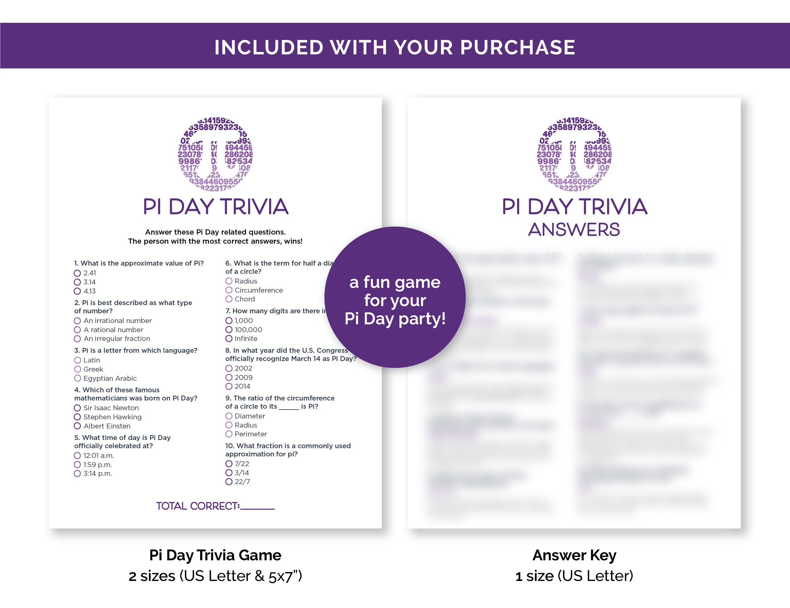 Pi Day Trivia Game, Printable Quiz for a Math Classroom Pi Day Party ...