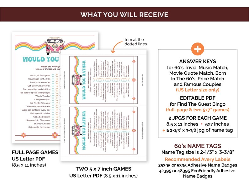 60s Party Games, Printable Games Bundle for a 60s Theme Party, Back to ...