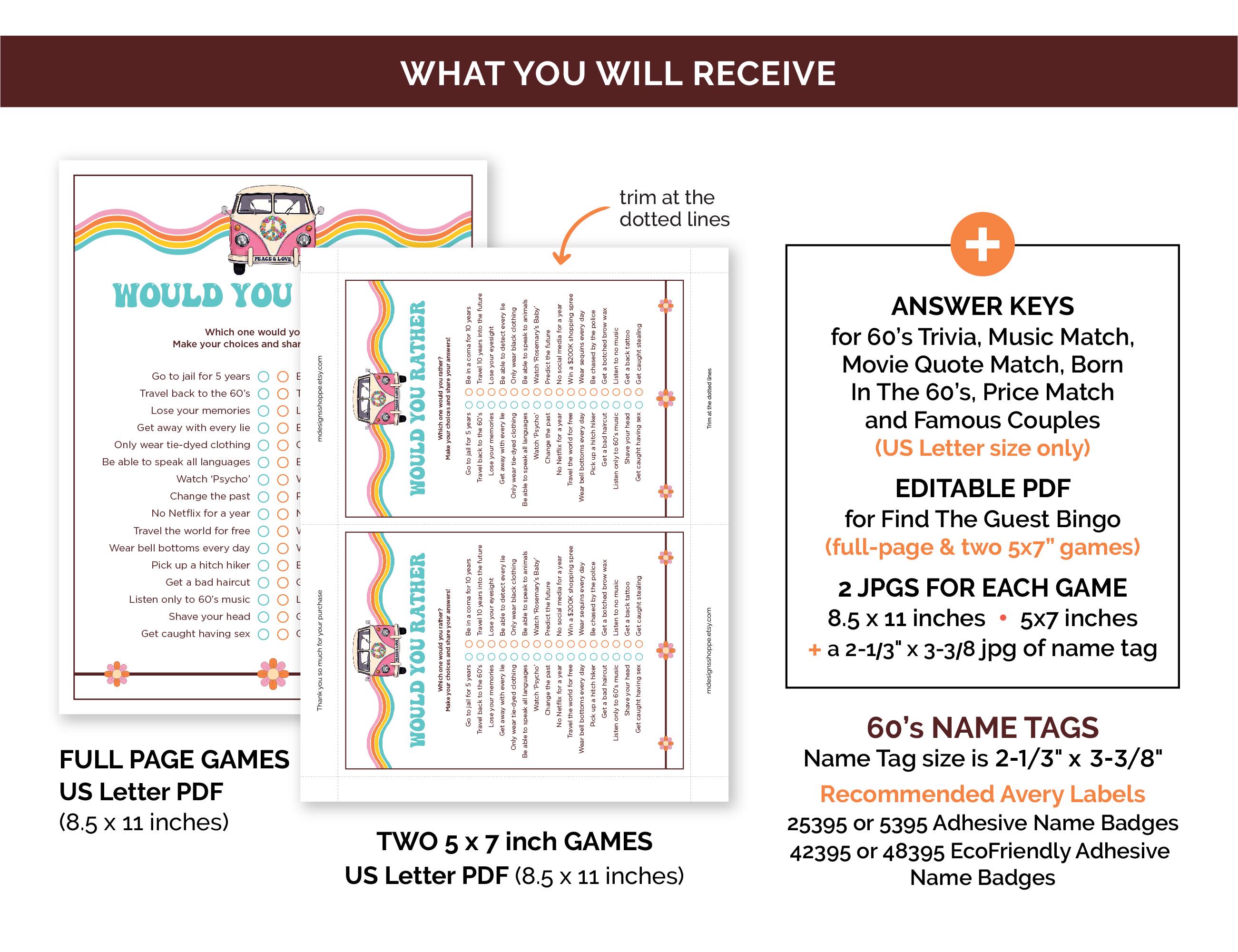 60s Party Games, Printable Games Bundle for a 60s Theme Party, Back to ...