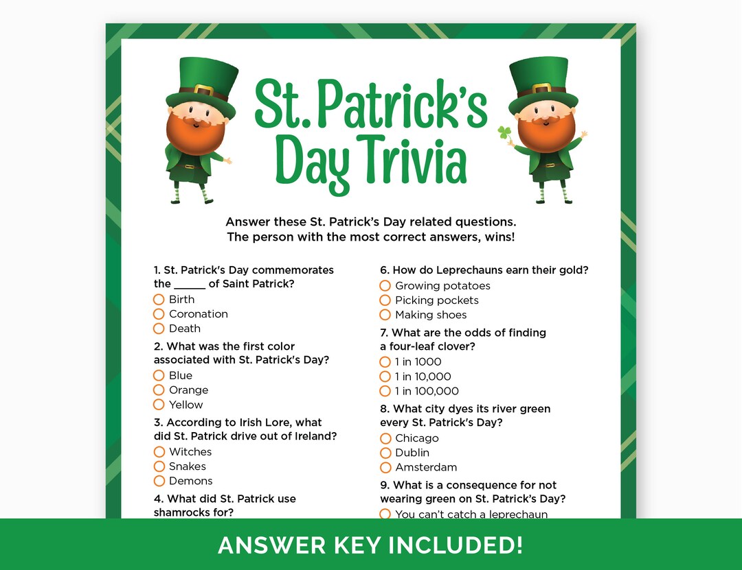 St. Patricks Day Trivia Game, St. Paddys Day Quiz for Adults & Teens ...