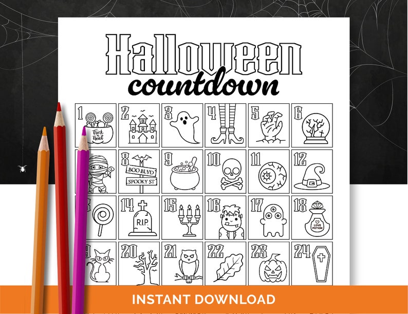 Halloween Countdown Coloring Page, Printable Halloween Advent Calendar ...