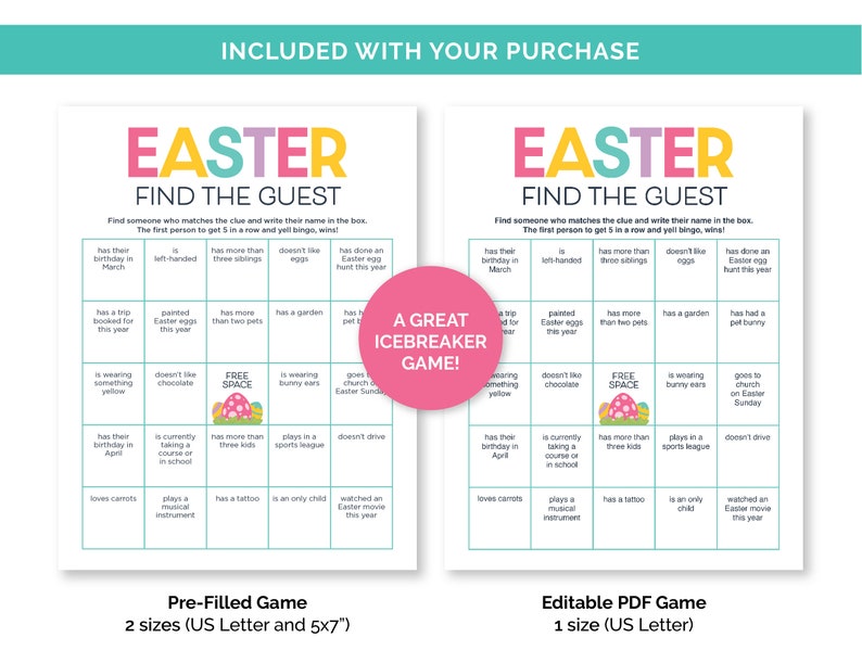 Editable Easter Find the Guest Bingo, Icebreaker Game for an Easter ...