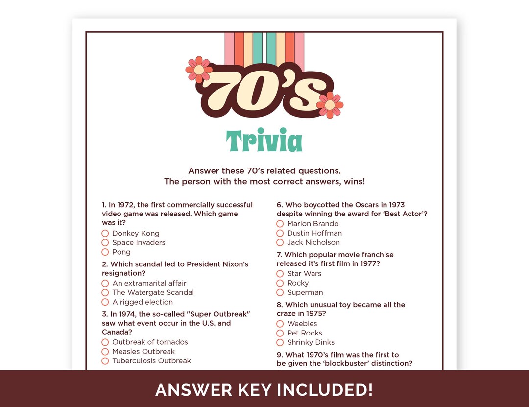 70's Trivia Game, Printable Quiz With Answers for a 70's Theme Party ...