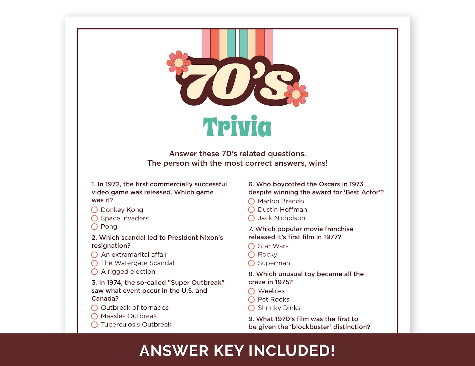 70's Trivia Game, Printable Quiz With Answers for a 70's Theme Party ...